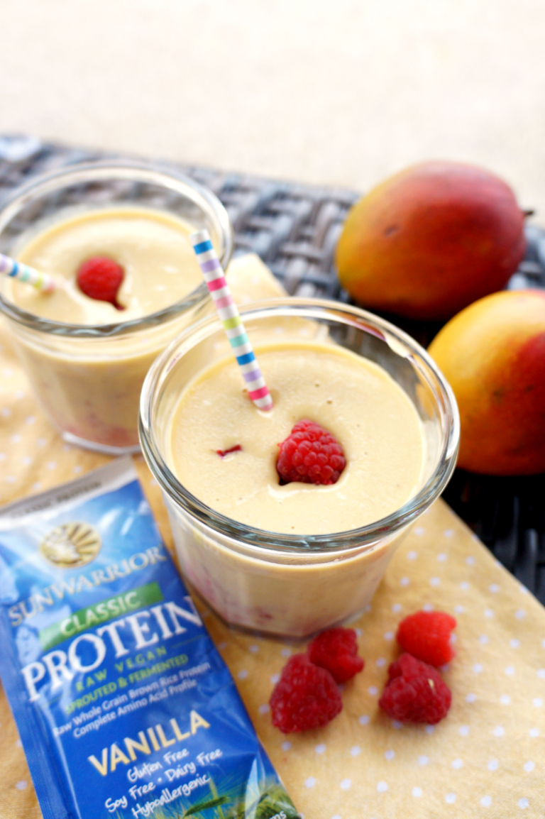 vegan raspberry mango protein smoothie - The Baking Fairy