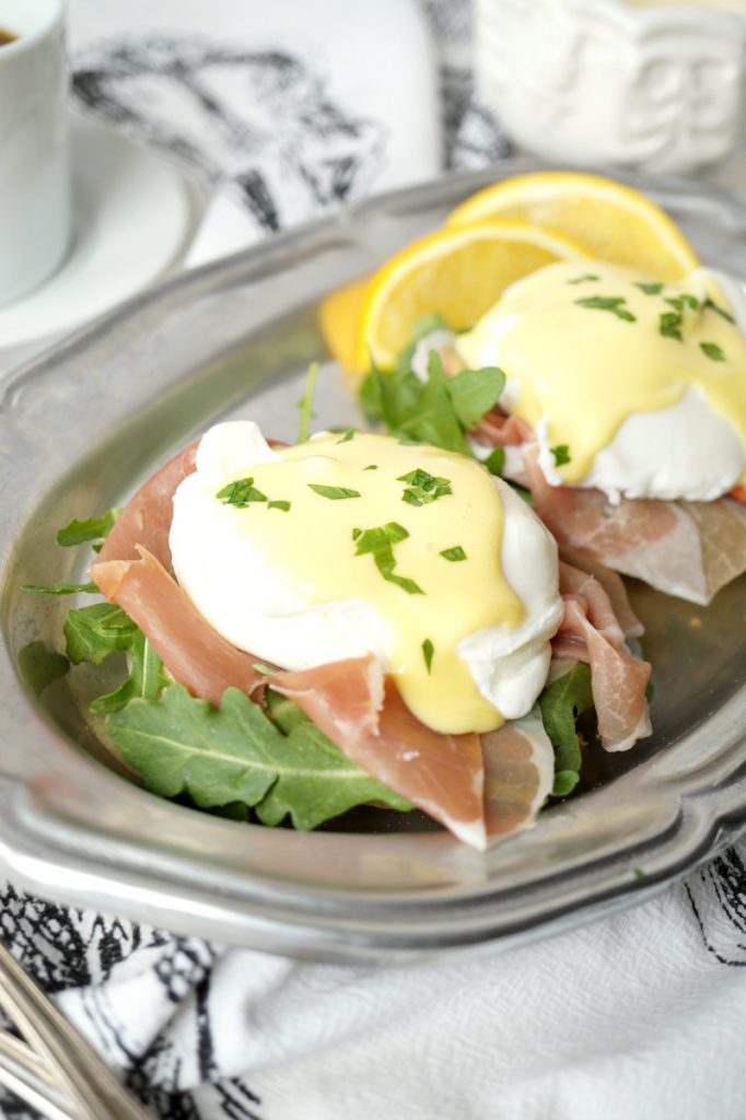 prosciutto arugula eggs benedict - The Baking Fairy