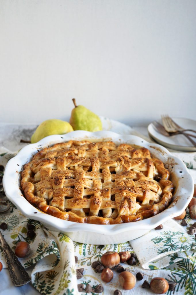 vegan chocolate hazelnut pear pie - The Baking Fairy