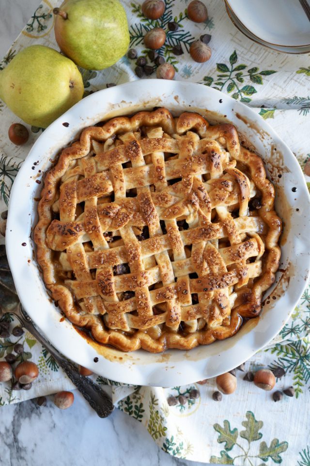 vegan chocolate hazelnut pear pie - The Baking Fairy